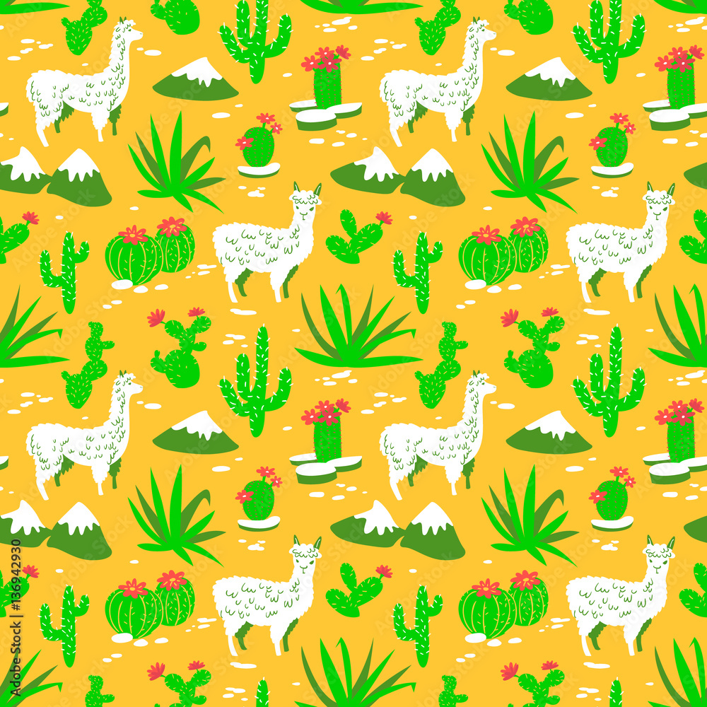 Seamless pattern with alpaca and cactus. Vector background with llama and desert plants Stock ...