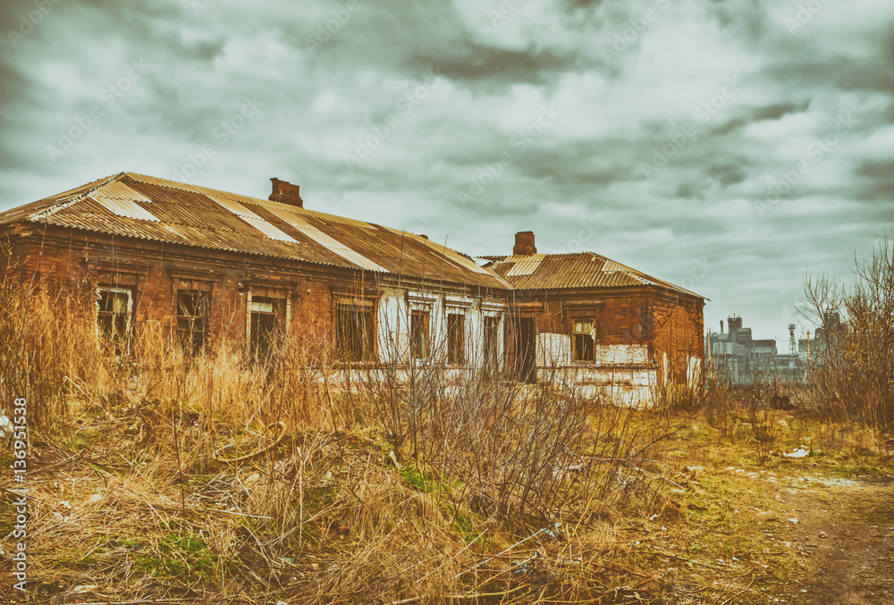 district of poor residential buildings, architecture background, dark ...