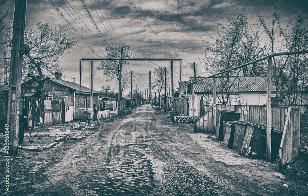 district of poor residential buildings, architecture background, dark ...