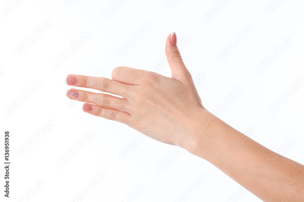 female hand outstretched to the side and showing the gesture with a ...