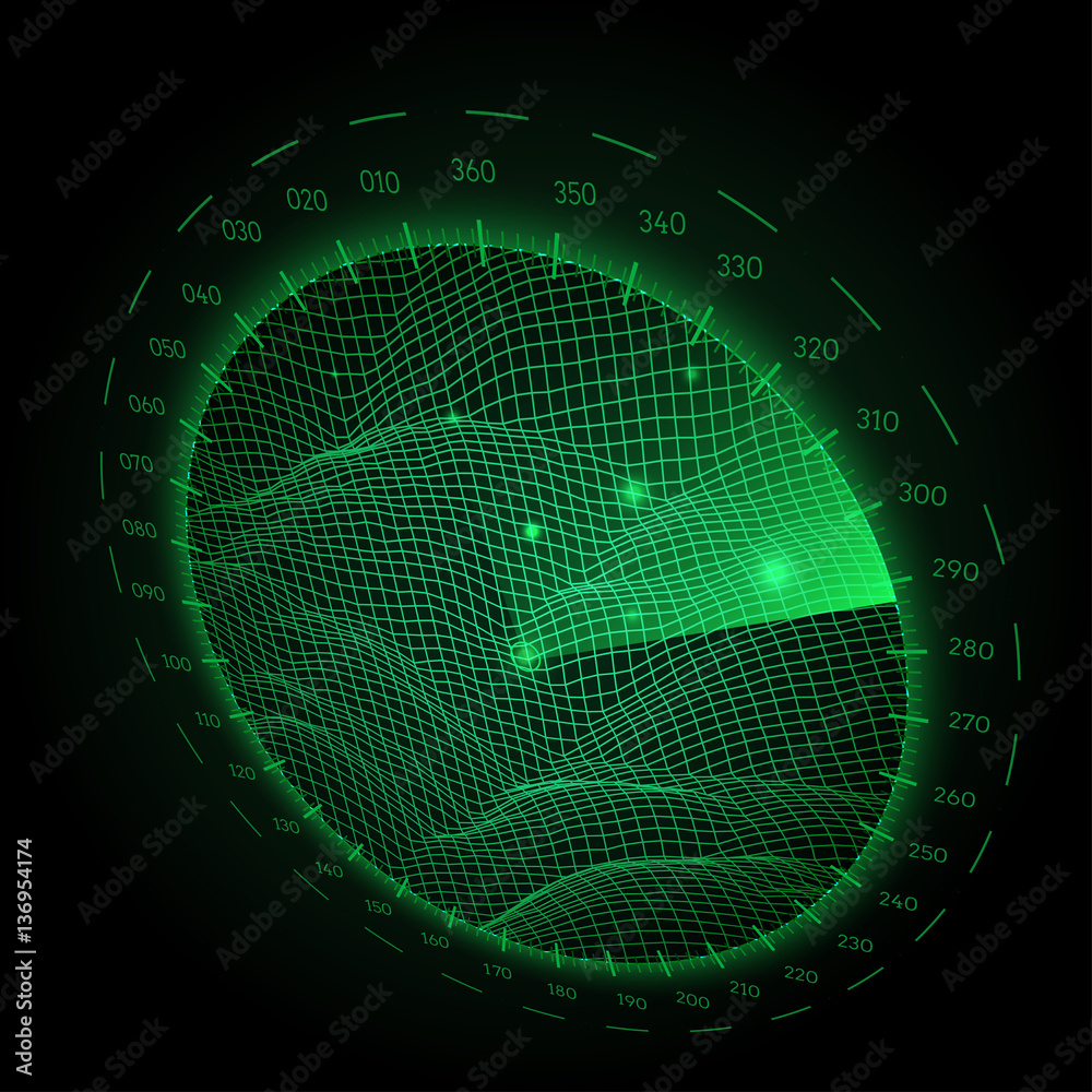 Radar round screen in perspective, on black background. Vector ...