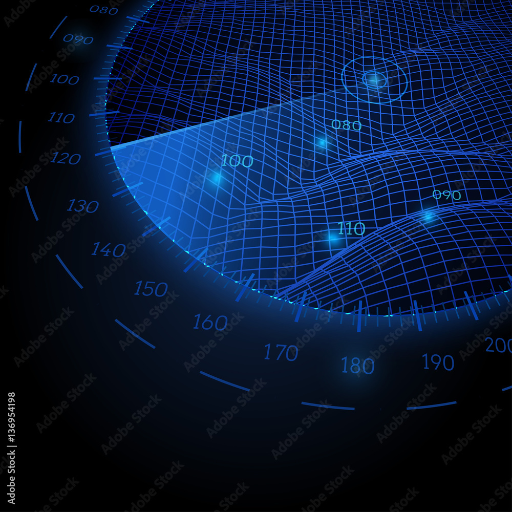 Radar round screen in perspective, on black background. Vector ...