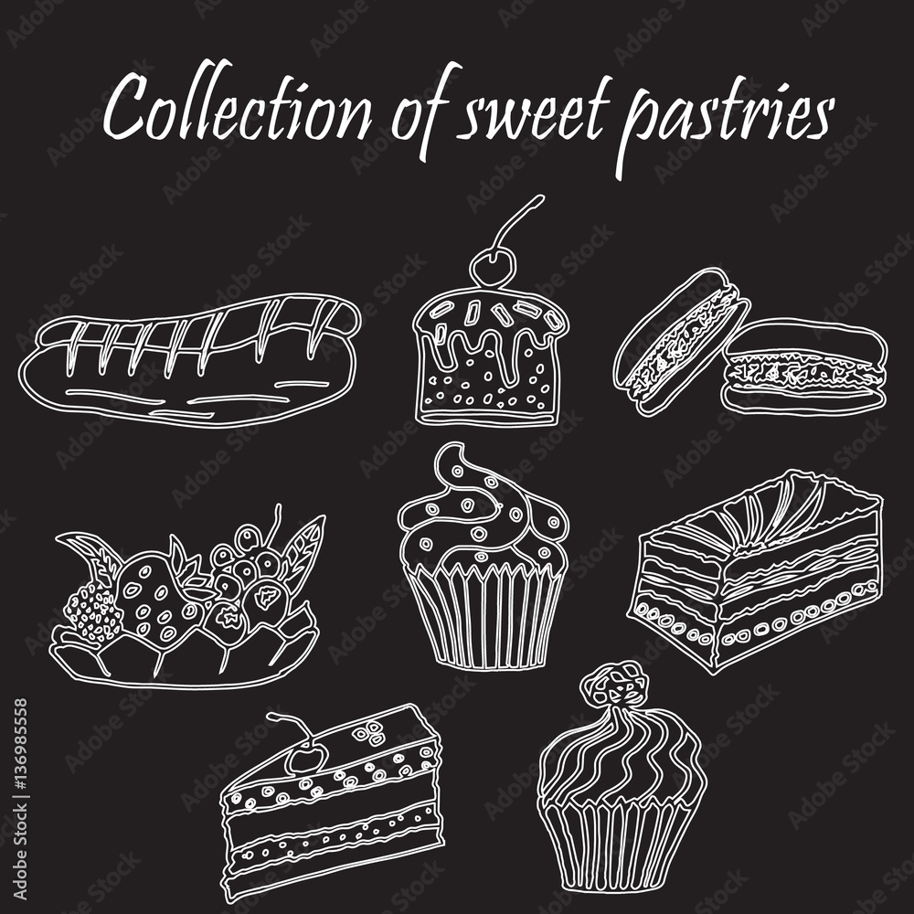 Set of hand-drawn sweet pastries and cupcakes. Bakery shop. Vector ...