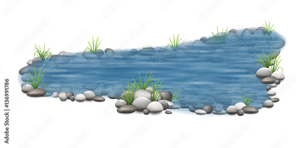 Realistic vector garden pond with stones on the bottom and grass on the ...