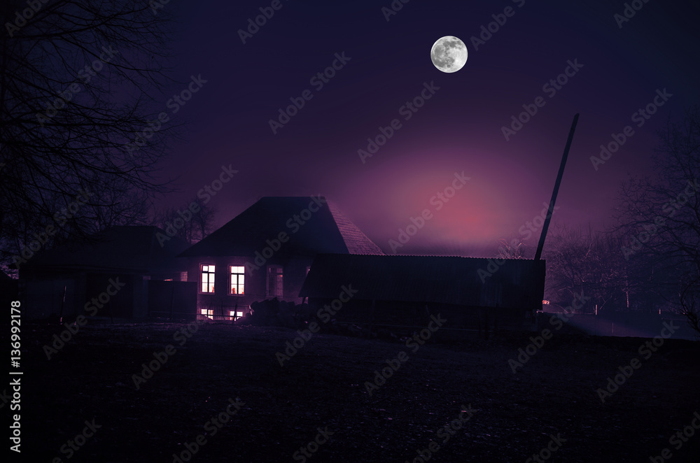house in fog at night in the garden, Landscape of ghost house in the ...