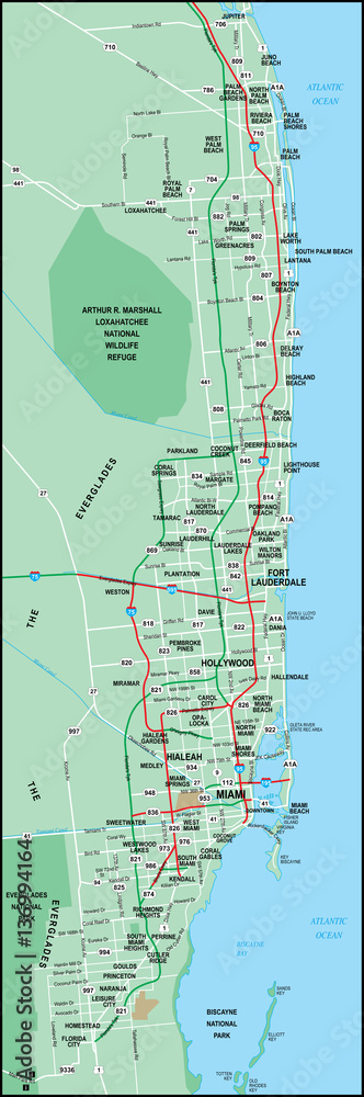 Miami Area Map with Major Roads Stock Vector | Adobe Stock