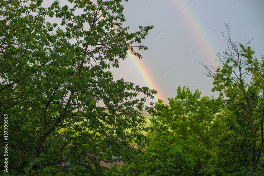 Beautiful spring rainbow after the rain in the country Stock-Foto ...