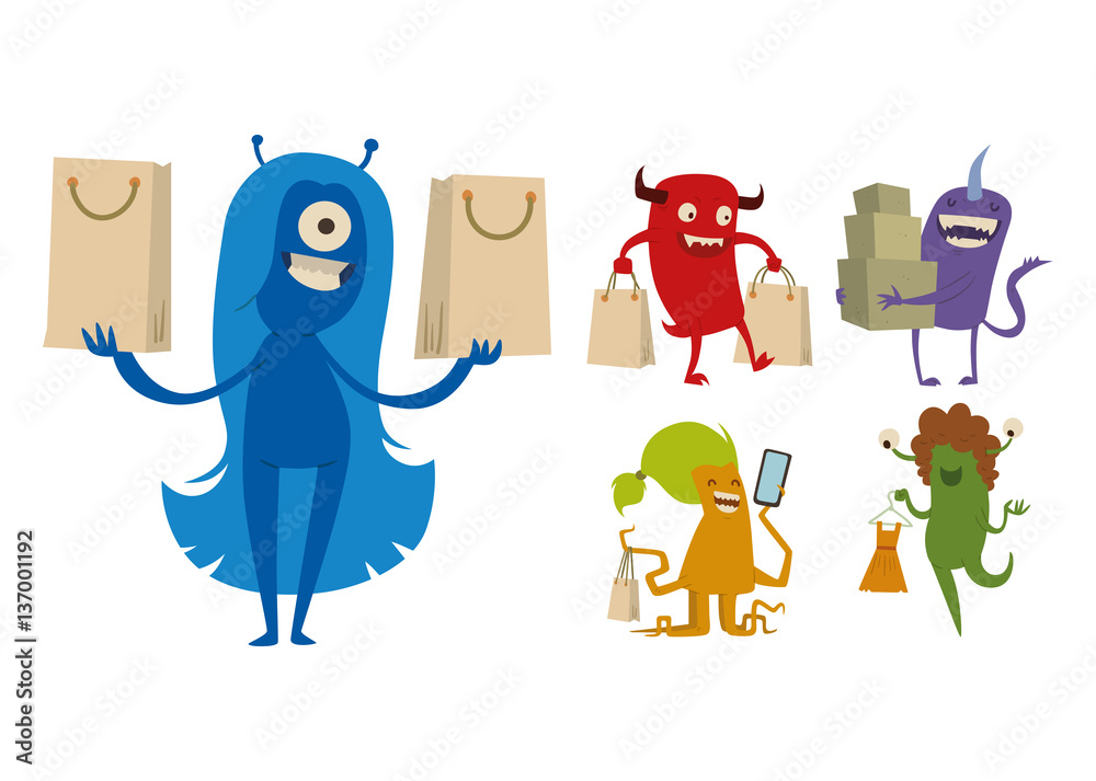 Cartoon cute monster shopping vector character illustration. Stock ...