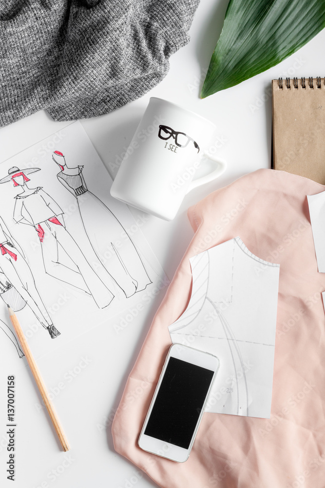 desktop designer clothes with tools top view mock up Stock Photo ...