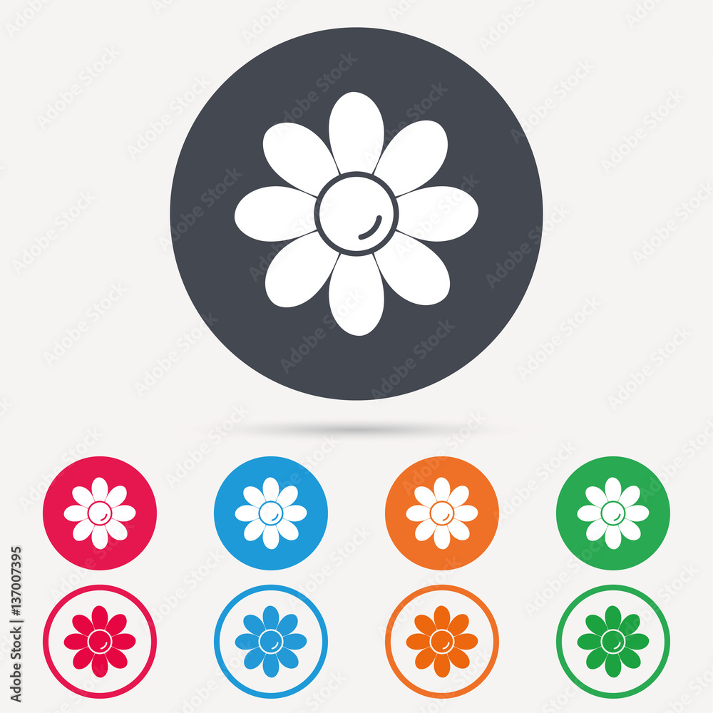 Flower icon. Florist plant with petals symbol. Round circle buttons ...
