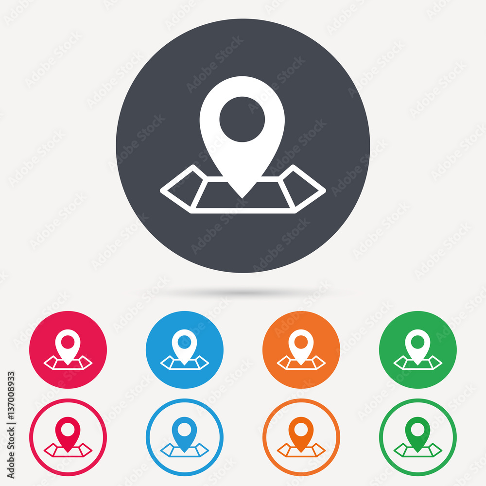 Location icon. Map pointer symbol. Round circle buttons. Colored flat ...