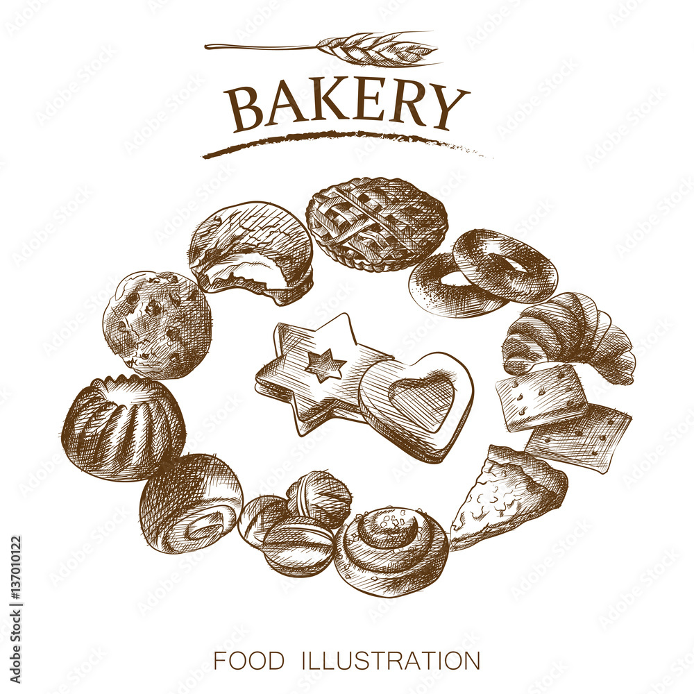 Set of bakery sketch isolated on white background. Hand drawn Bakery ...