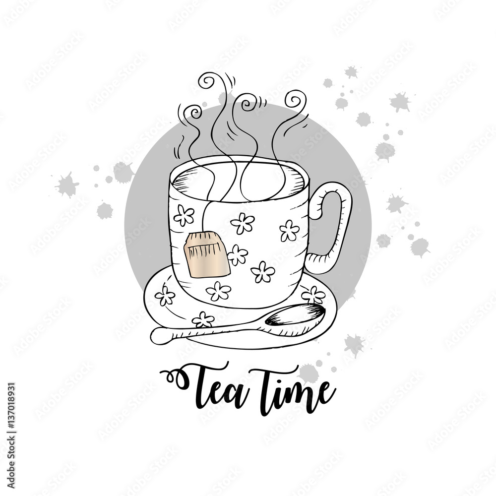 Tea card. Tea time. Hand drawing illustration. Stock Illustration ...