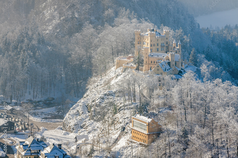 Snowy Bavarian Alps and Hohenschwangau castle from viewpoint of ...