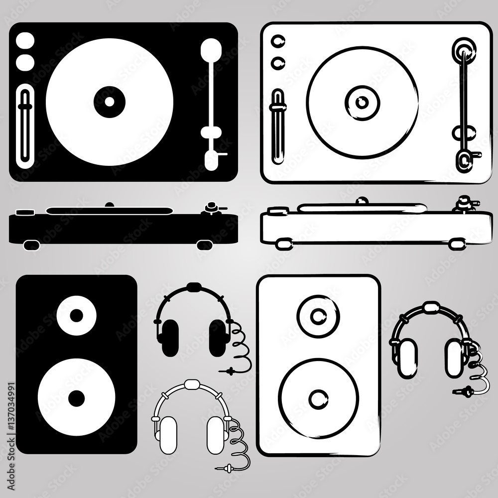 A set of illustrations for a DJ. Outline style. Vinyl player top view ...
