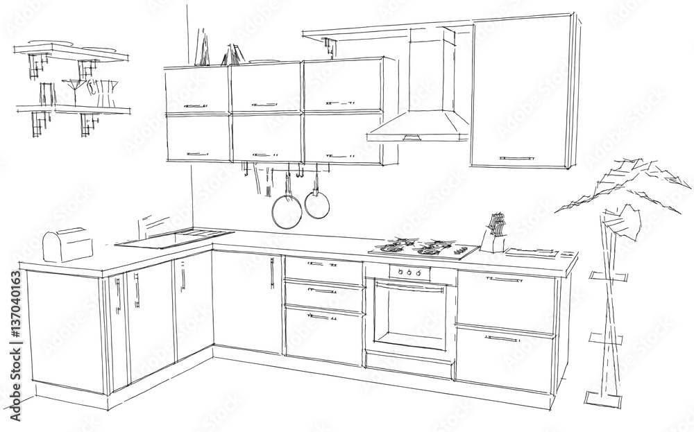 Sketch of modern corner kitchen. 3d outline illustration. Black pencil ...