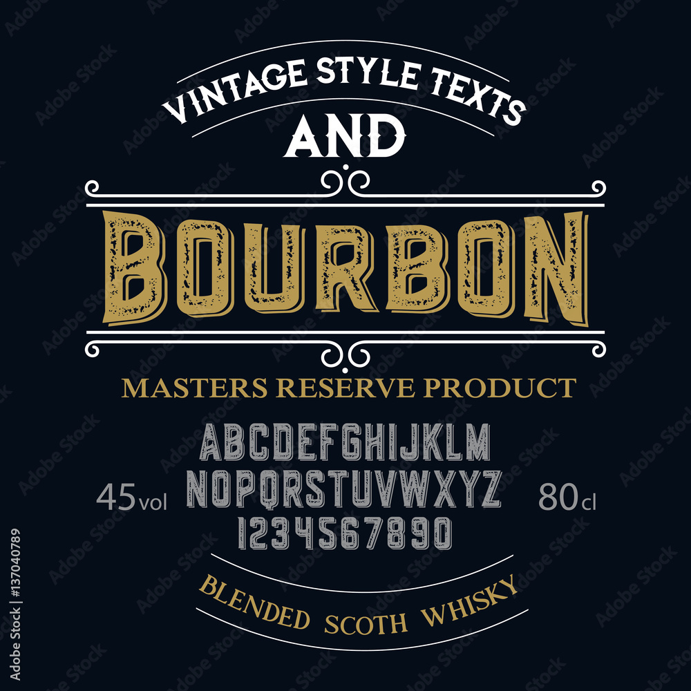 Typeface. Label. Bourbon typeface, labels and different type designs ...