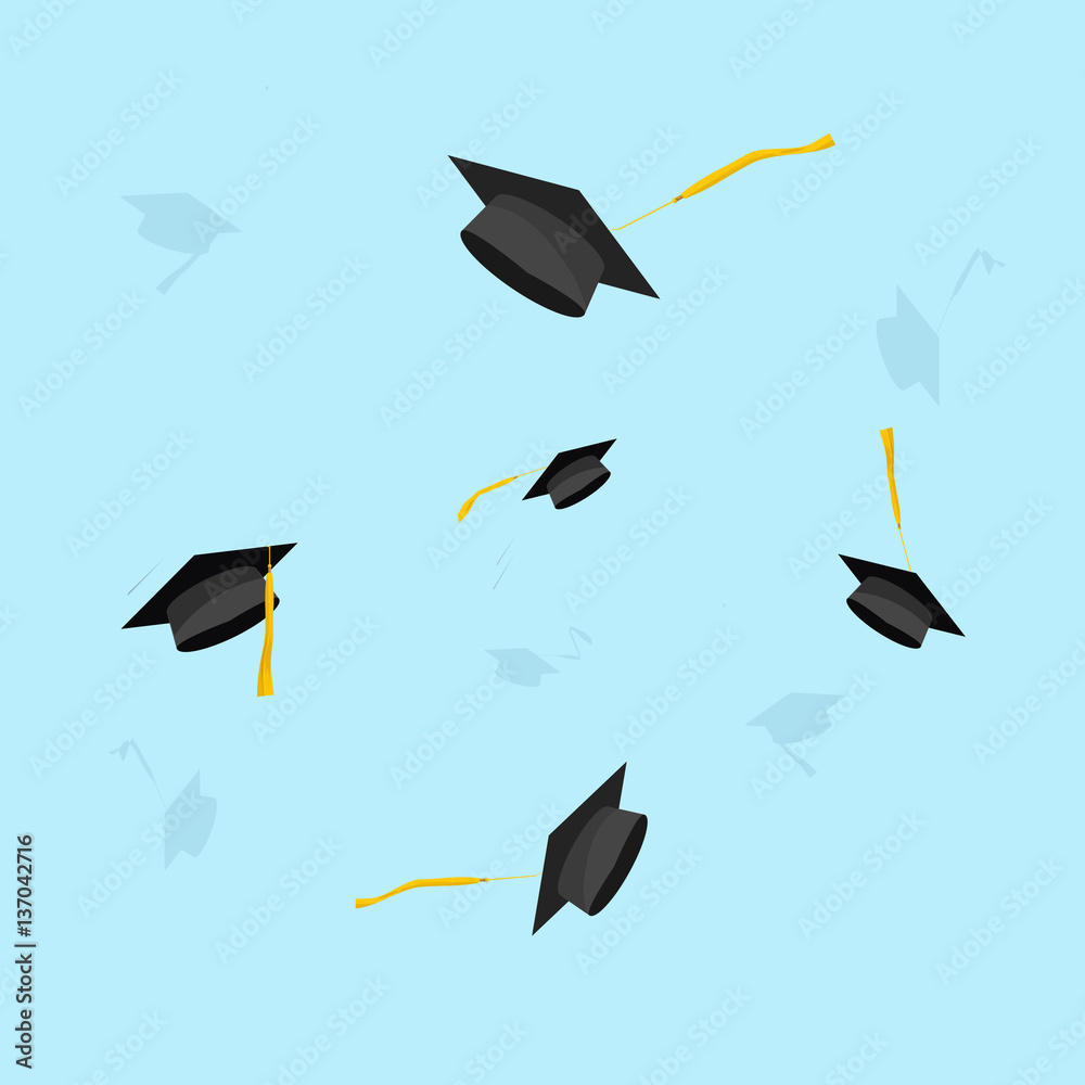 Graduation hats in the air vector illustration, graduate caps trowing ...