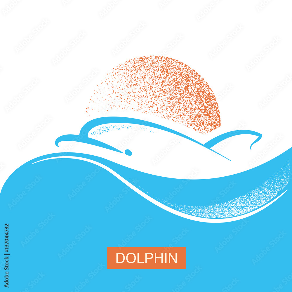 Dolphin and sun logo poster on blue sea wave background.Vector flat ...