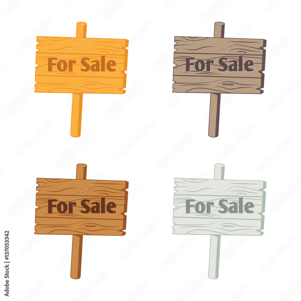 Wooden sign “For Sale”. Vector illustration isolated on white. Set in ...