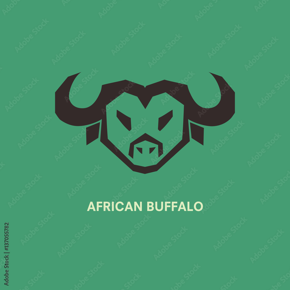 African buffalo head icon, isolated on green background. Animal logo ...