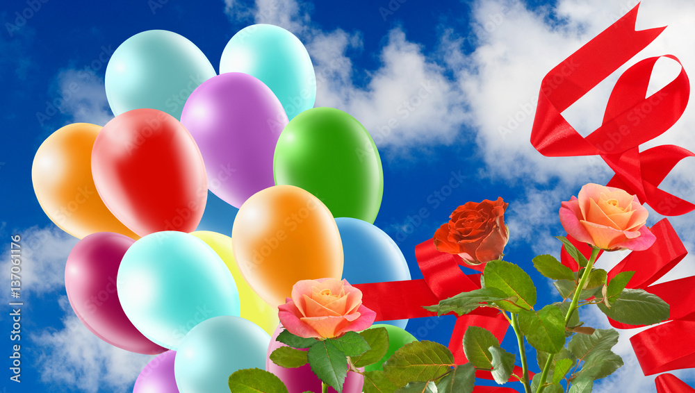 Image of beautiful flowers and colorful balloons on sky background ...