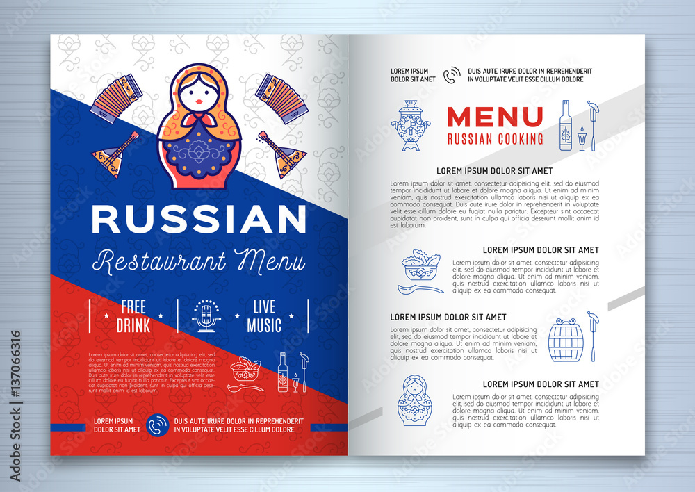 Russian food brochure Restaurant menu. Traditional russian icons - food ...