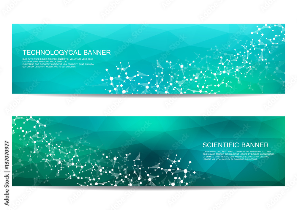 Set of modern scientific banners. Molecule structure DNA and neurons ...