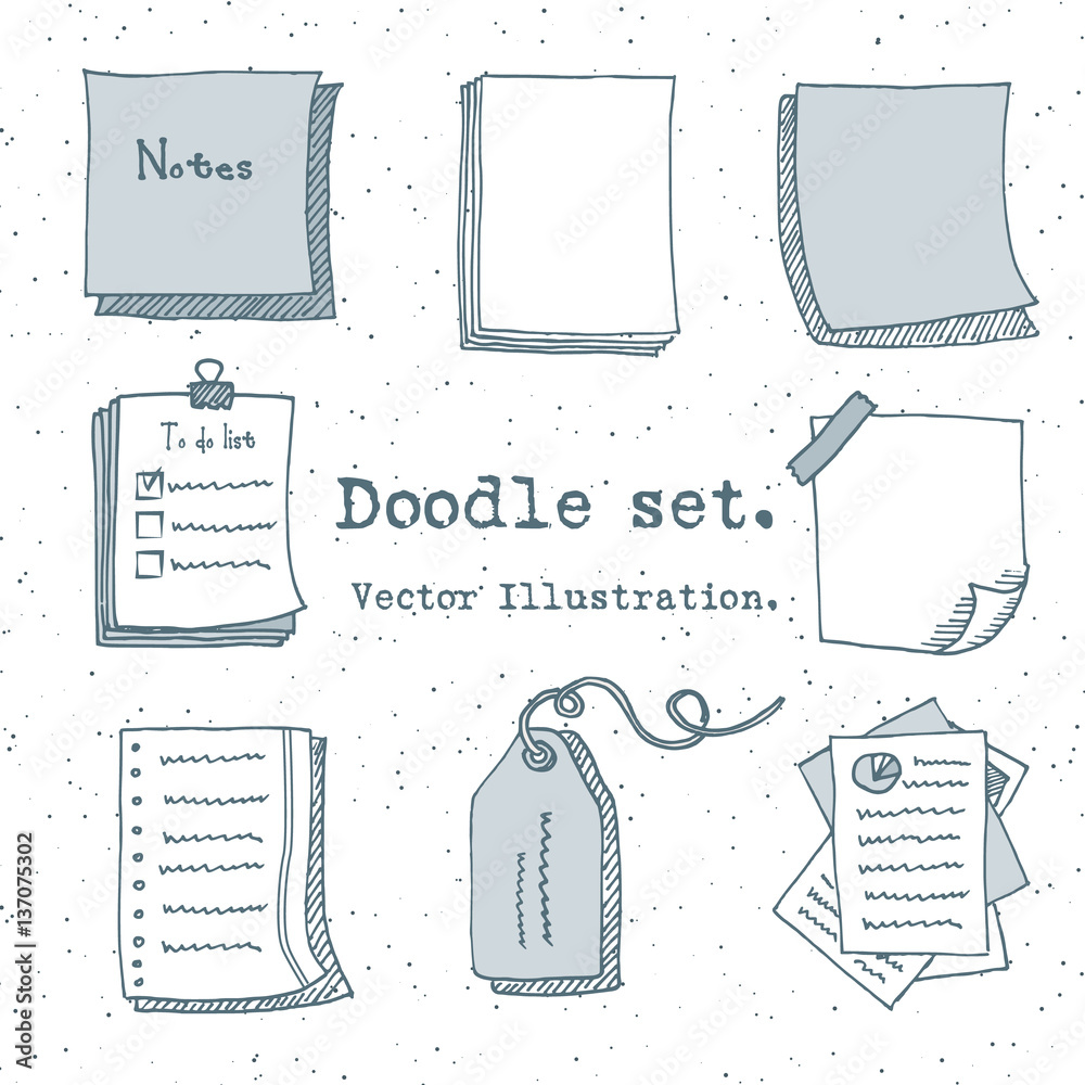 Hand drawn vector set of paper sheet, pack of paper, tag, sticky note ...