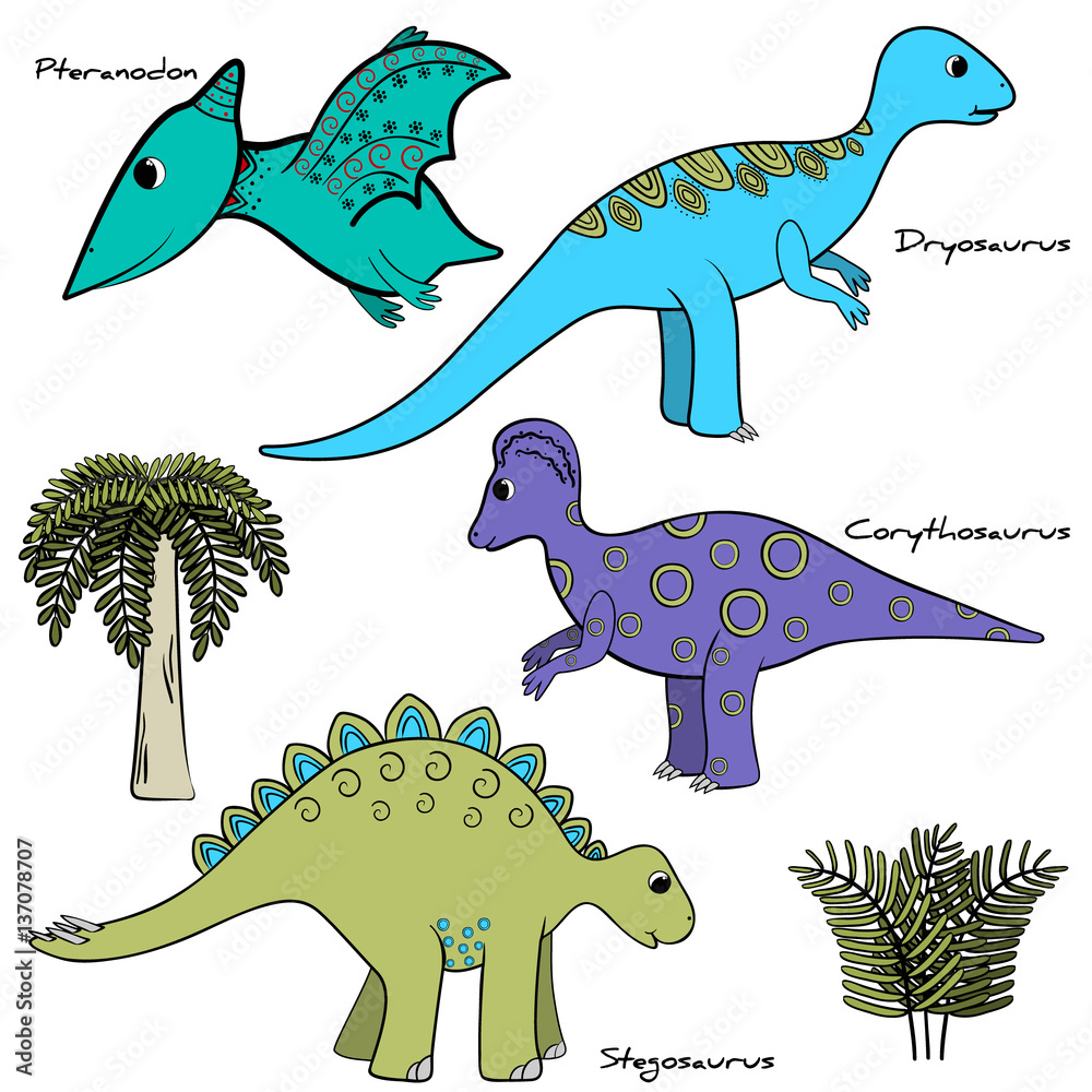 set of stylized dinosaur isolated Stock Vector | Adobe Stock