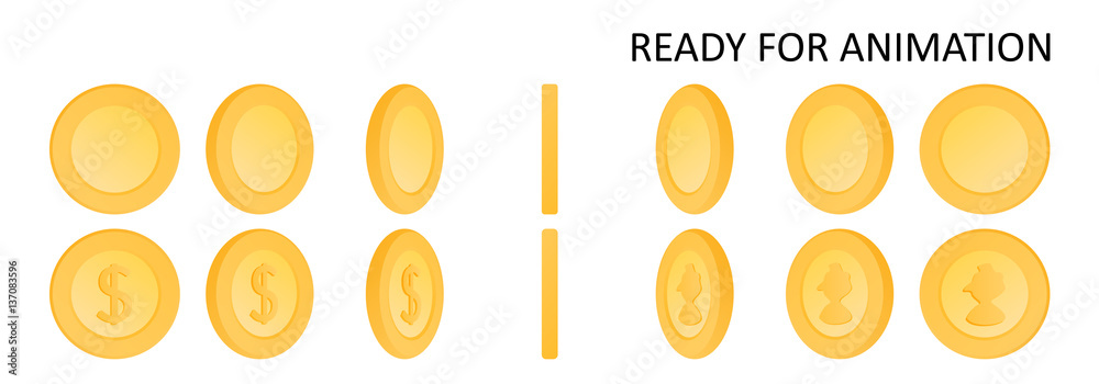 Set of vector sprites for coins rotation animation. Isolated gold coin ...