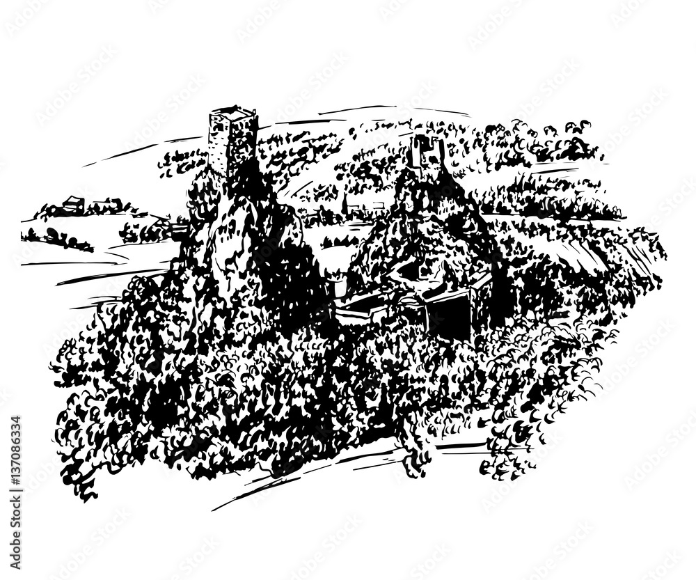 drawing landscape view of the ruins of Trosky castle in Bohemian ...