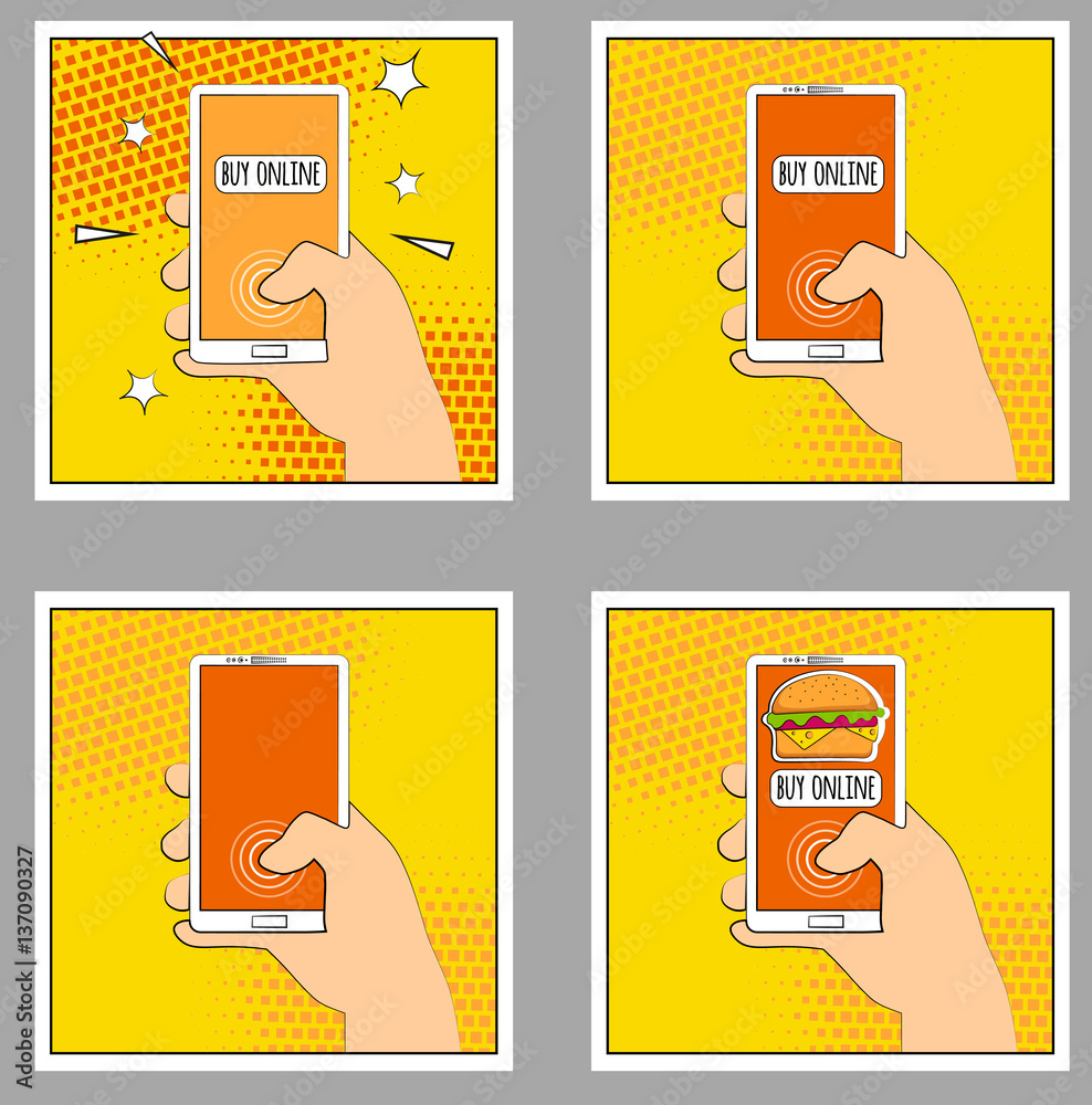 Set Comic smartphone phone with halftone shadows. Hand holding ...