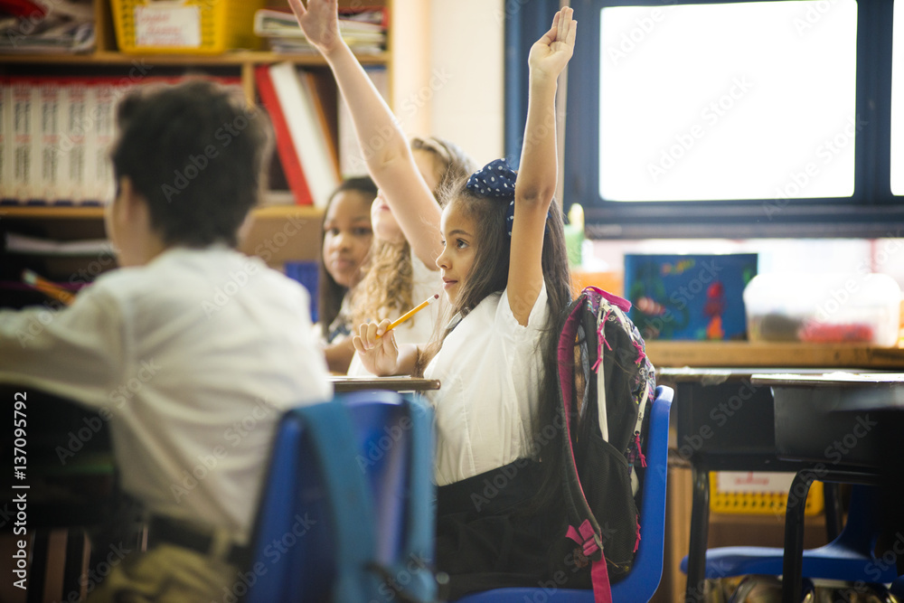 Students raising hands in the classroom Stock Photo | Adobe Stock