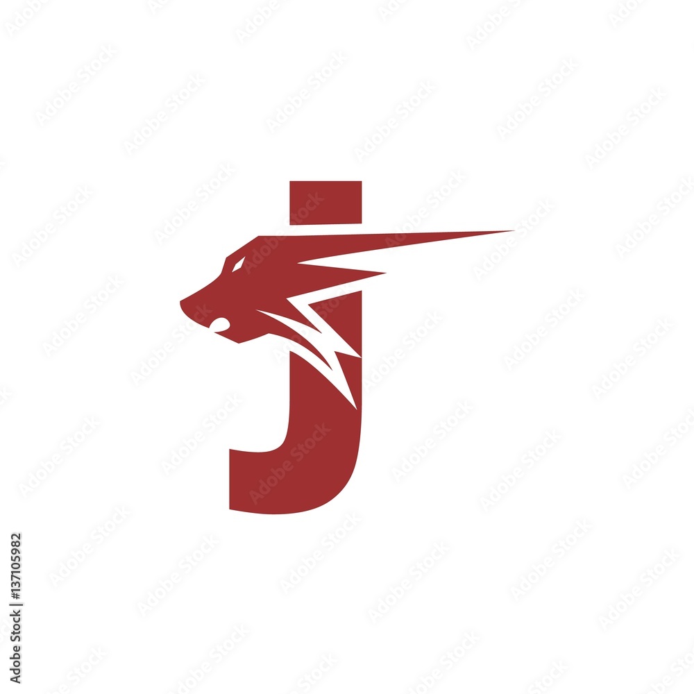 Red Initial J letter with Tiger or Wolf Logo Design Template. Vector ...