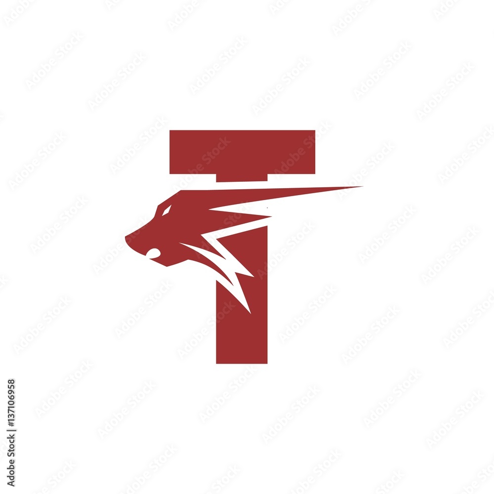 Red Initial T letter with Tiger or Wolf Logo Design Template. Vector Style Typeface for Sport ...