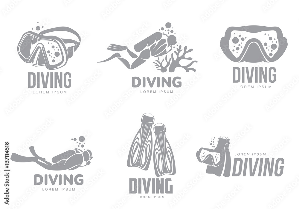 Set of black and white graphic diving logo templates with divers, mask ...