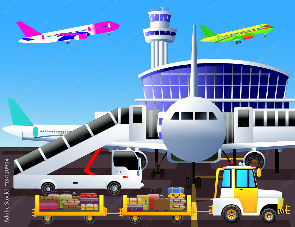 Passenger aircraft at the airport, loading luggage and cargo, vector ...