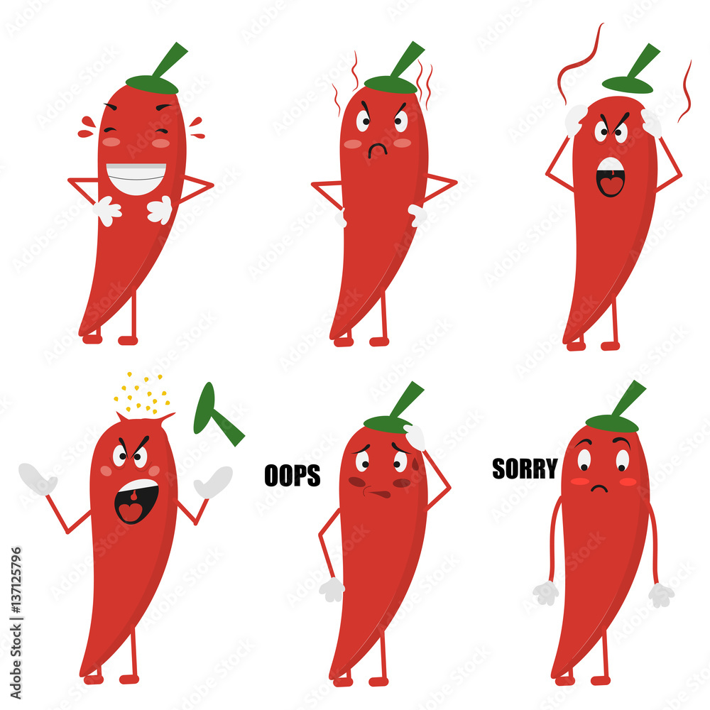 Funny chili peppers. Set Emoji. Cartoon. Laughter, anger, remorse ...