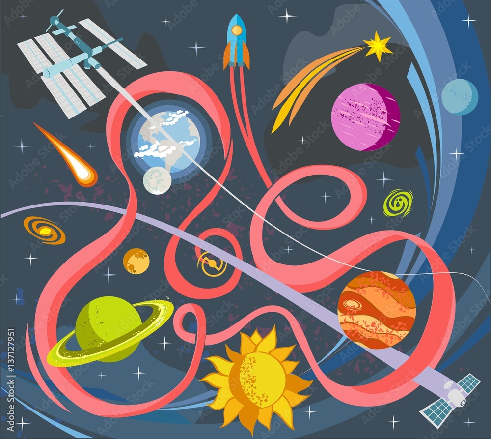 Outer Space vector doodles, symbols and design elements, spaceships ...