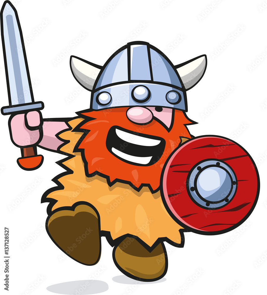 Niedlicher Wikinger mit Schwert und Schild Stock-Vektorgrafik | Adobe Stock