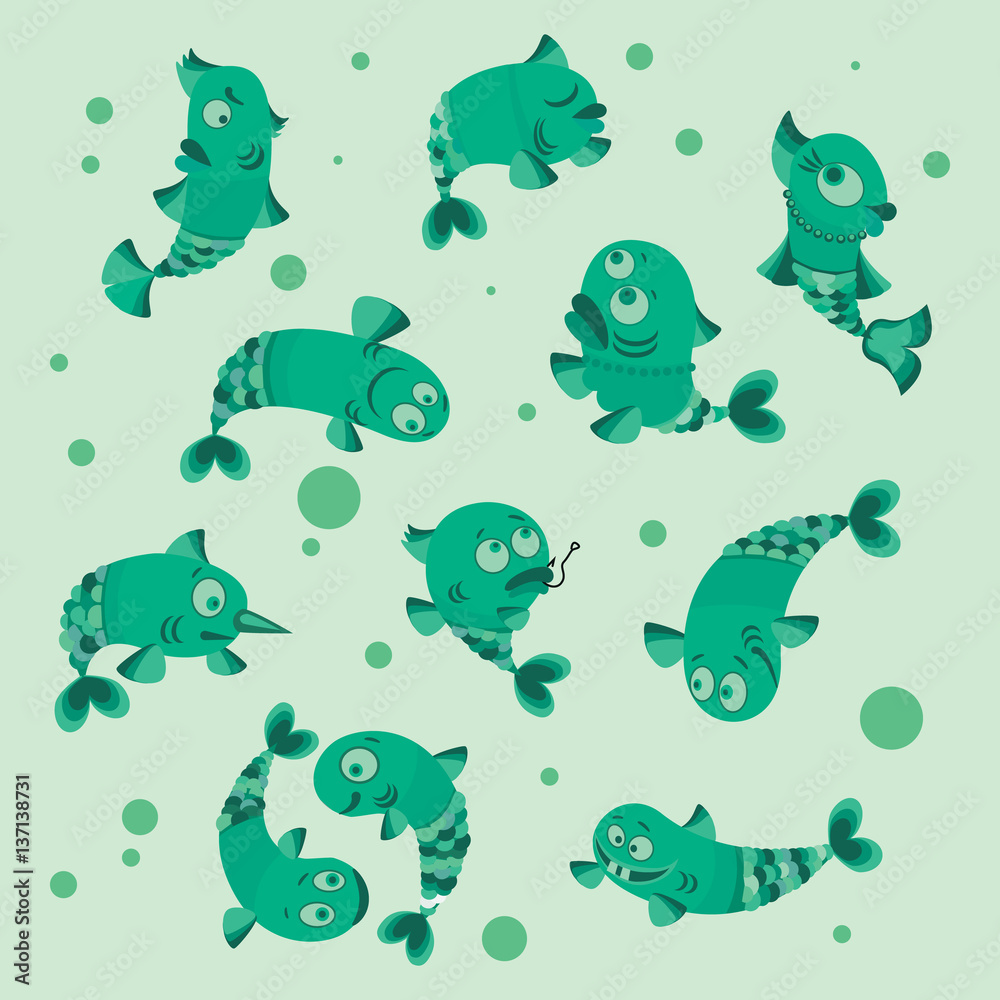 Funny fish collection vector illustration of a flat style. Stock Vector ...