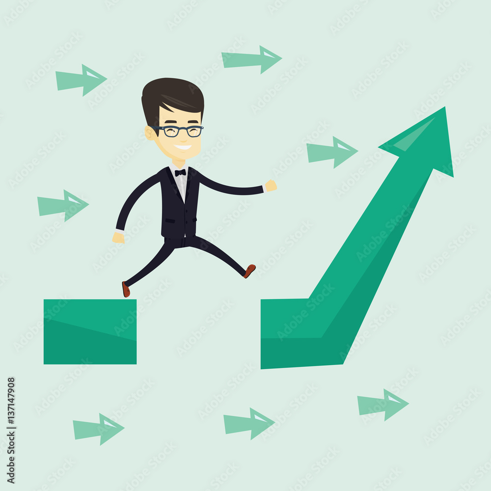 Business man jumping over gap on arrow going up. Stock ベクター | Adobe Stock