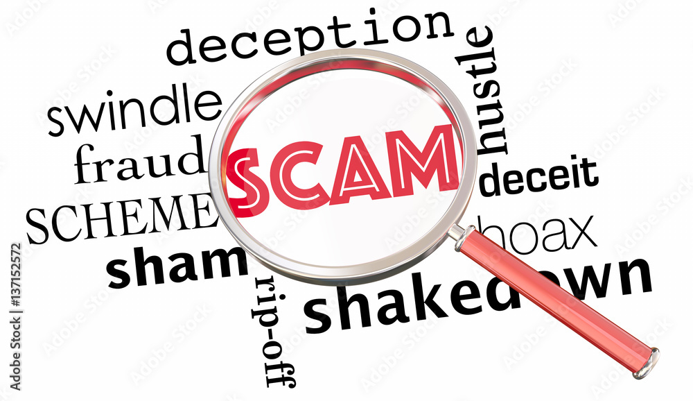 Scam Fraud Scheme Hustle Magnifying Glass Words 3d Illustration Stock ...