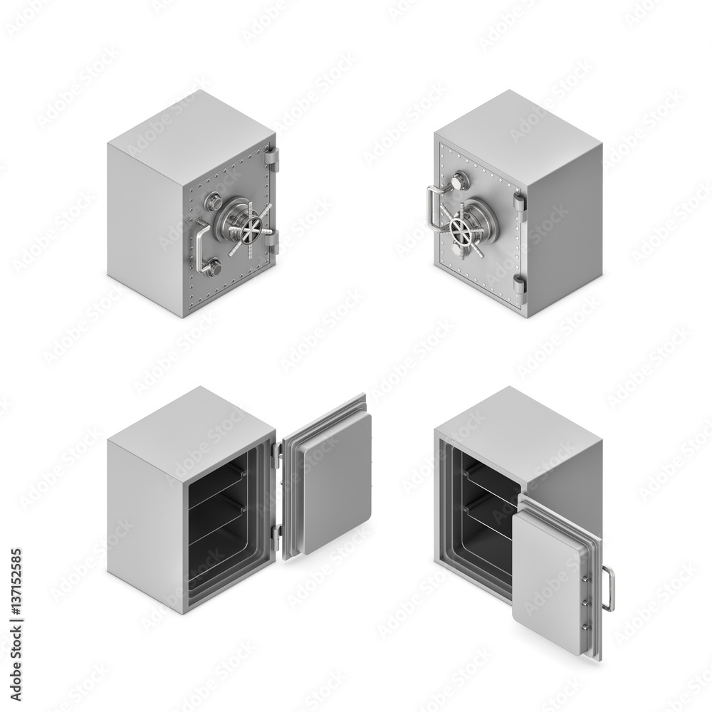 3d rendering of a metal safe box in open and closed state in double ...