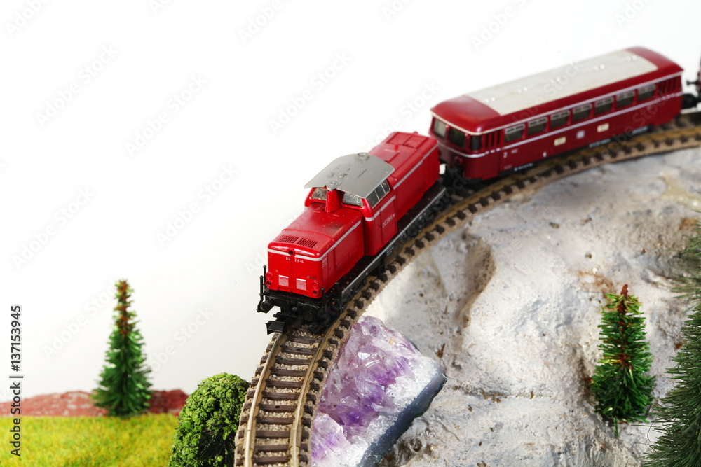 Miniature model of diesel electric railroad put on scenic model ...