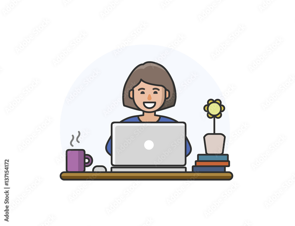 Vector illustration of cartoon woman character working on computer ...