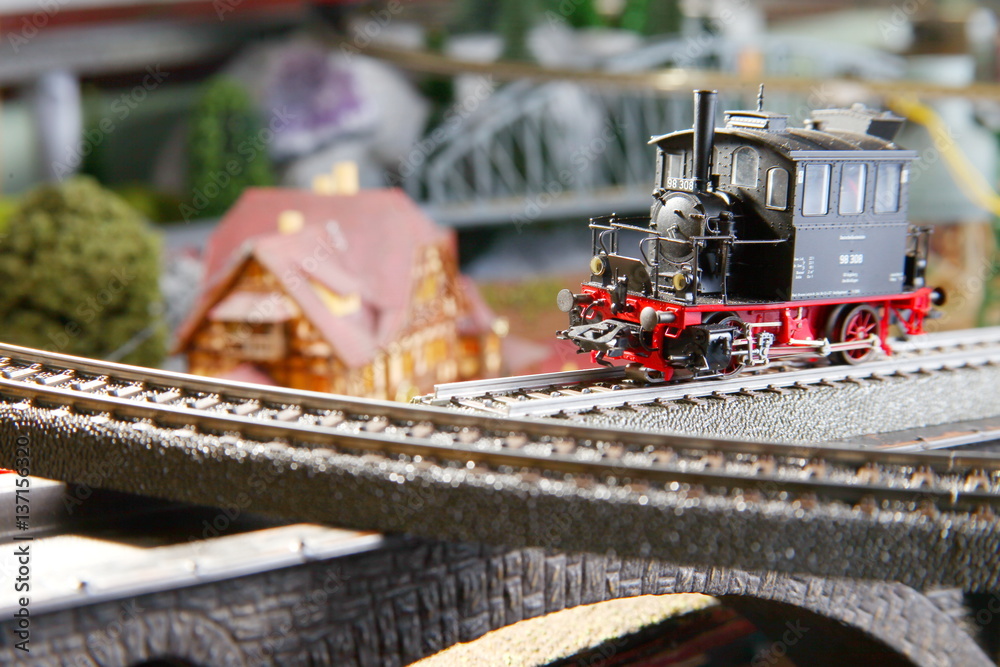 Miniature model of diesel electric railroad put on scenic model ...