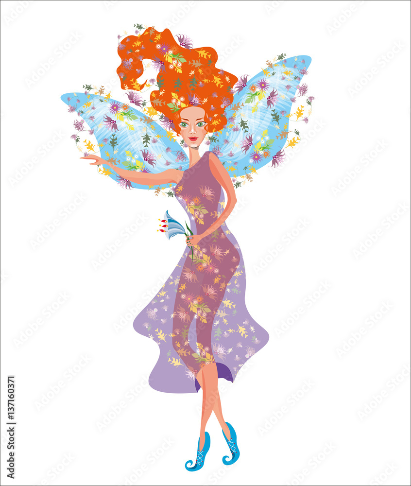 vector illustration of a pretty red hair fairy decorated with thistle ...
