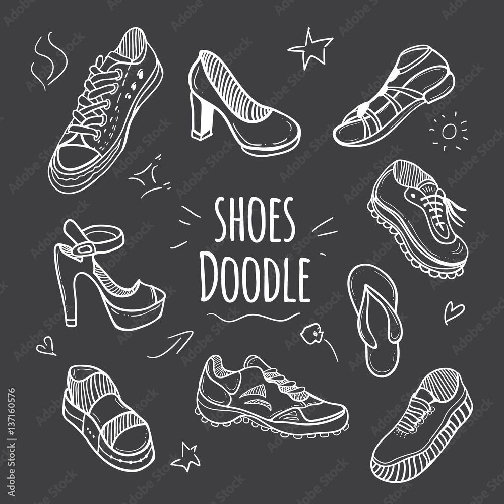 Boots doodle collection. Set of doodle shoes with sneakers, loafers ...